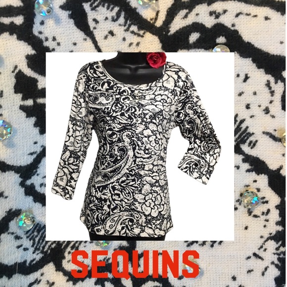 Take Two | Tops | Take Two Floral Top Black White Long Sleeve Sequins ...